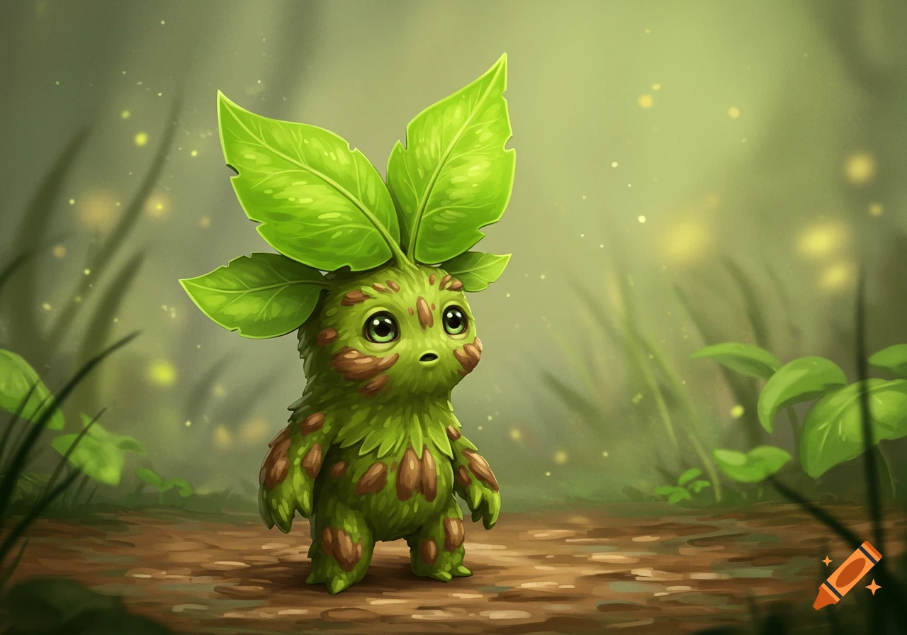A cute small creature made of leaves and mud stands in a sunlit forest ...