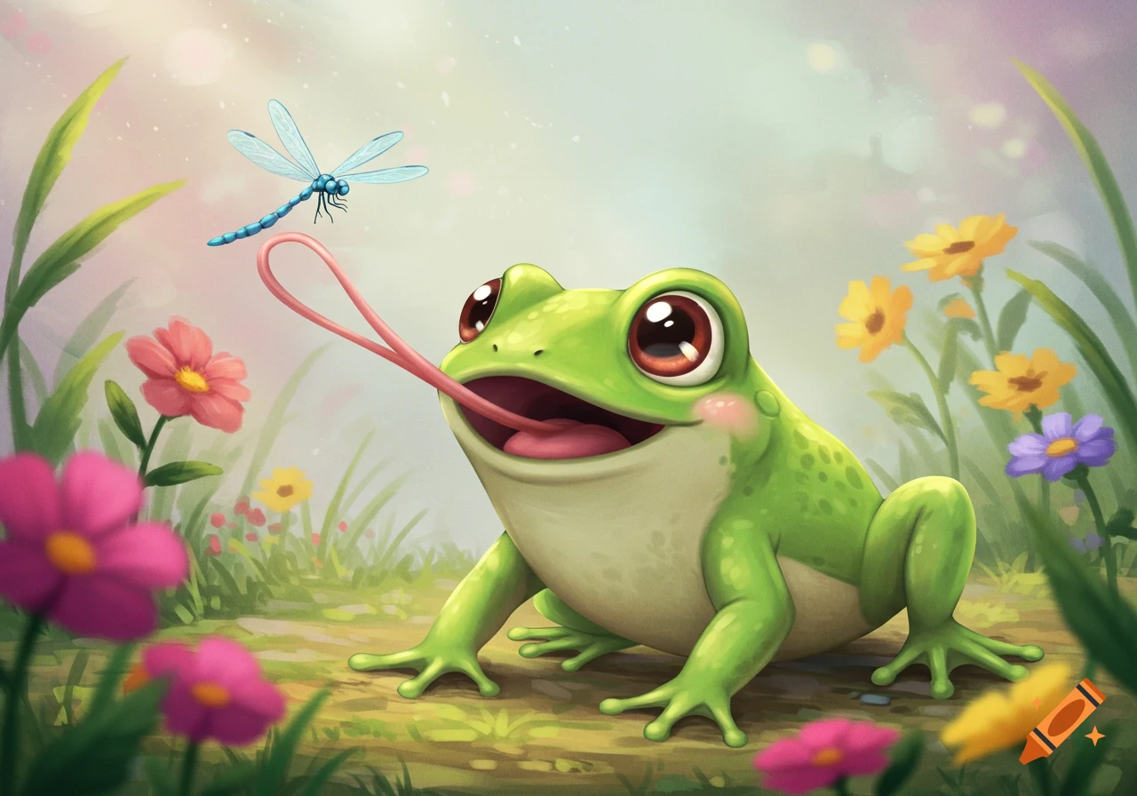Cute cartoon frog catching a dragonfly with its tongue, surrounded by ...