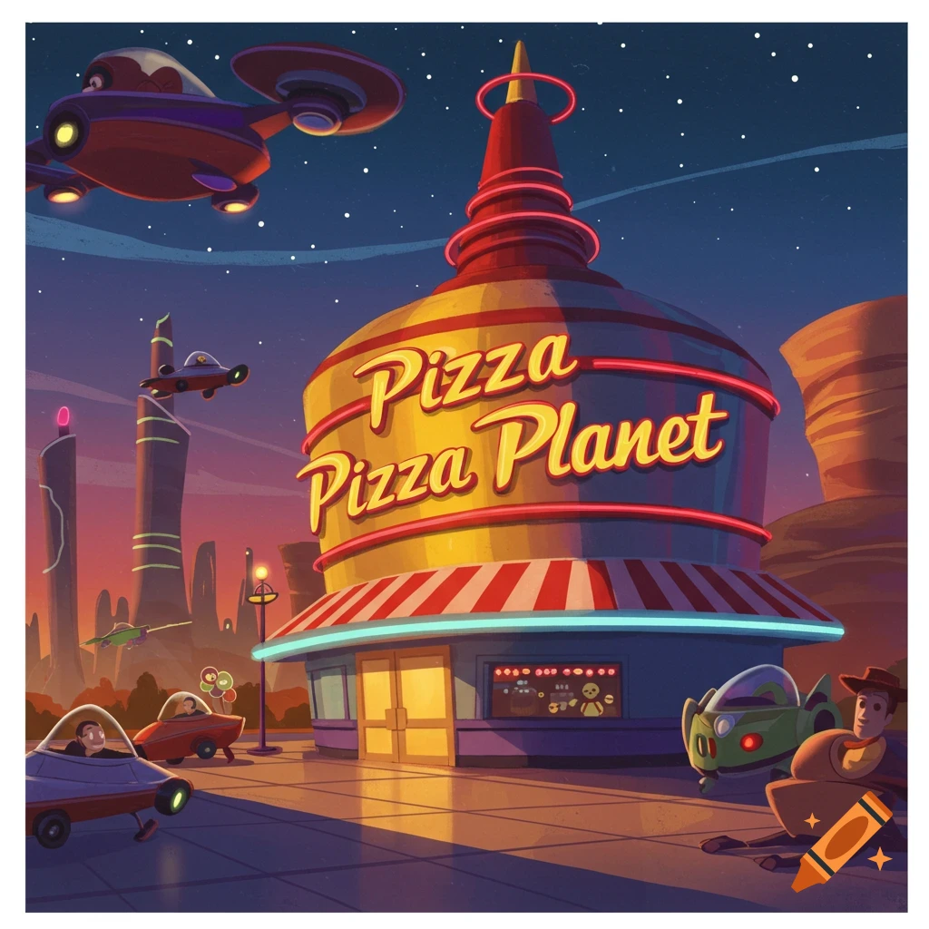 Cartoon style illustration of Pizza Planet building with futuristic ...