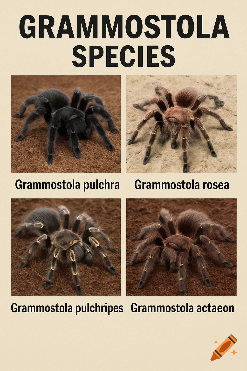 Poster showing four different Grammostola tarantula species with labels ...