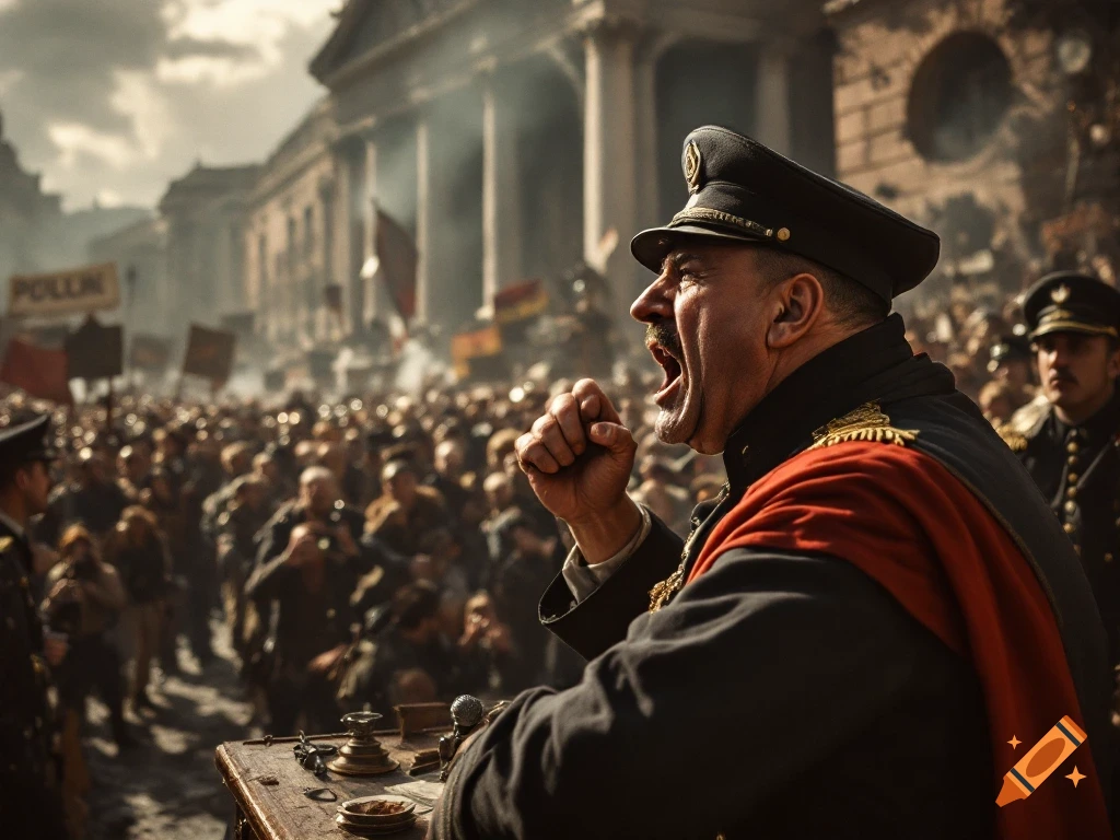 Man in military uniform yells during speech to large crowd on Craiyon
