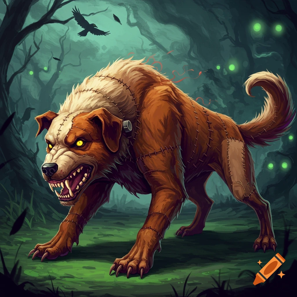 Illustrative drawing of a scary Frankenstein dog in a dark forest. on ...