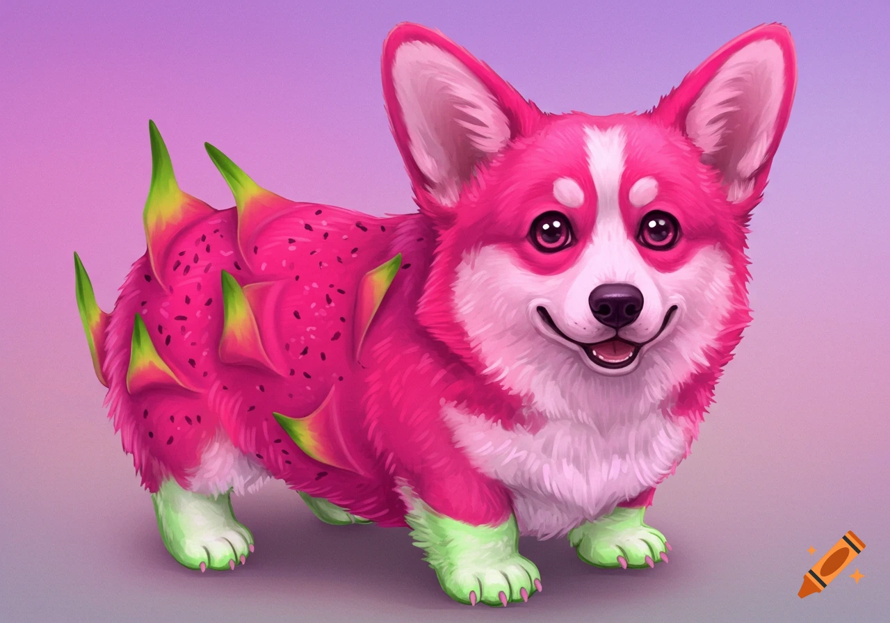 A cute, brightly colored Corgi dog with skin like a dragon fruit and ...