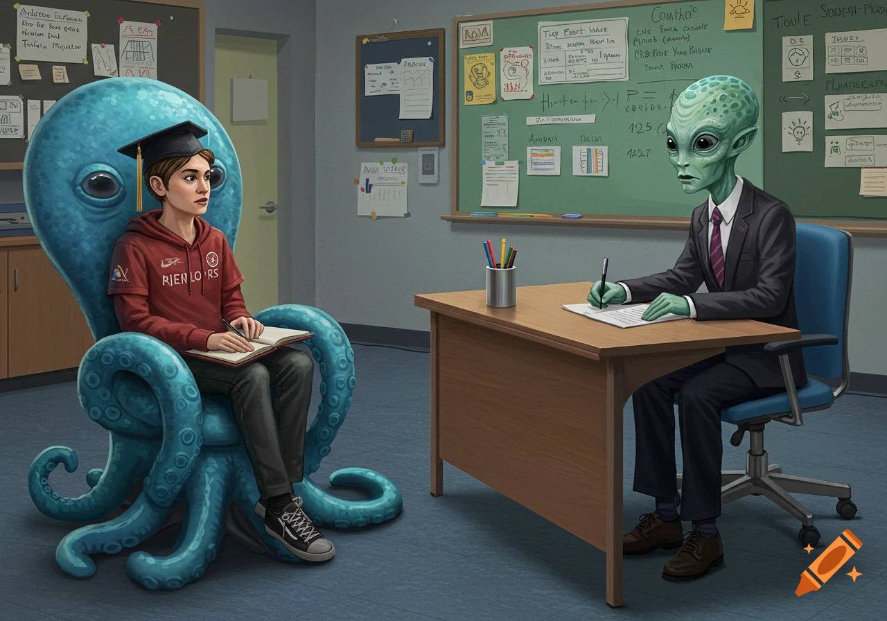 Student in octopus chair interviews with alien principal in classroom ...
