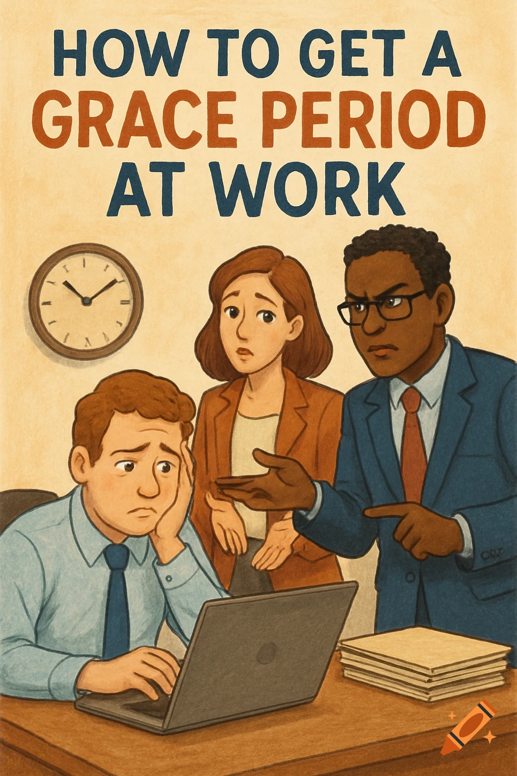 Illustration of three people in an office with text How to Get a Grace ...