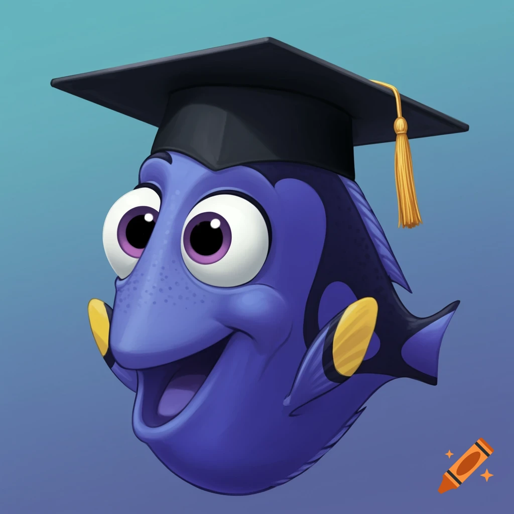 Cartoon blue fish Dory wearing a graduation cap and smiling on Craiyon