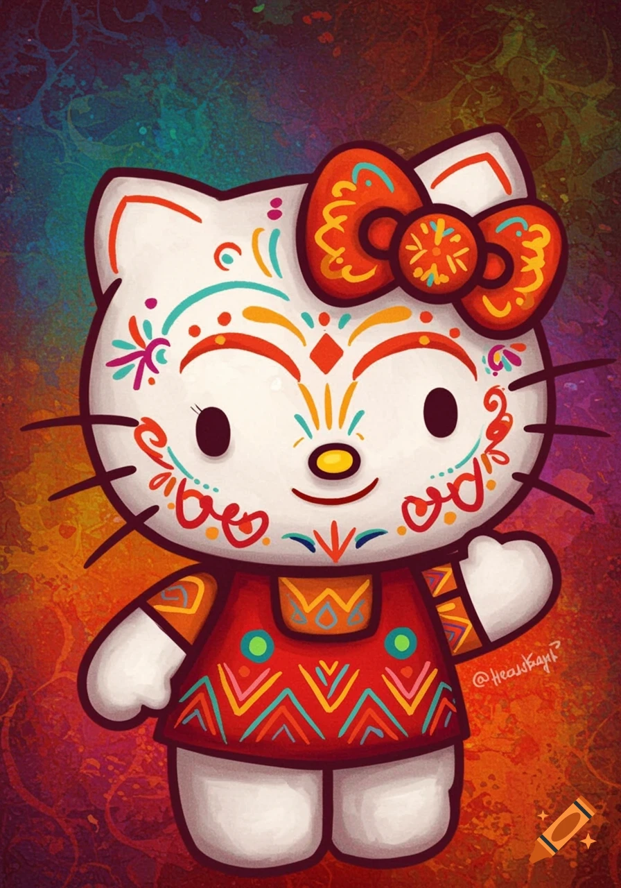 Hello Kitty in a Day of the Dead style, wearing a red dress with ...