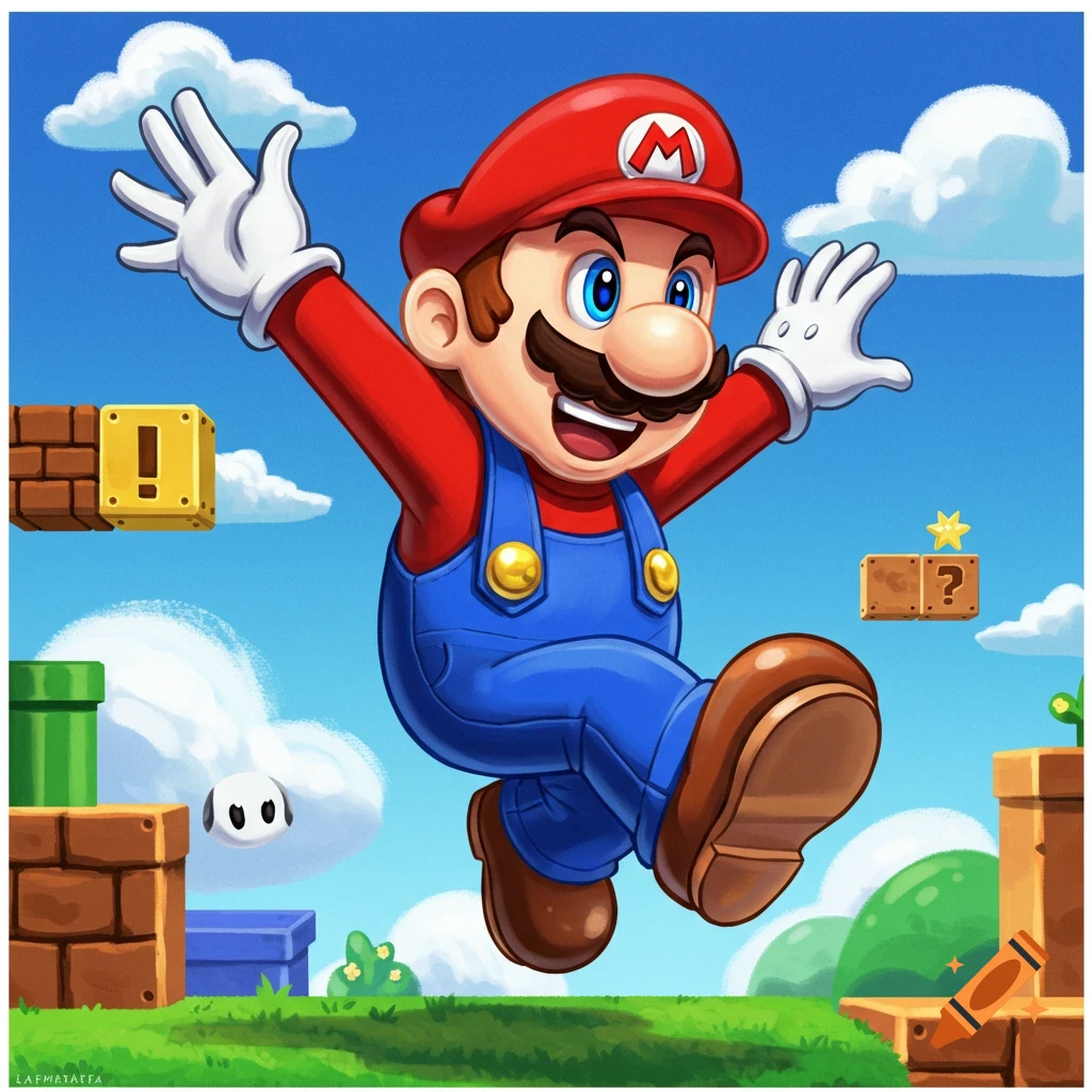 Mario jumps happily in a vibrant cartoon style Super Mario Bros. scene ...