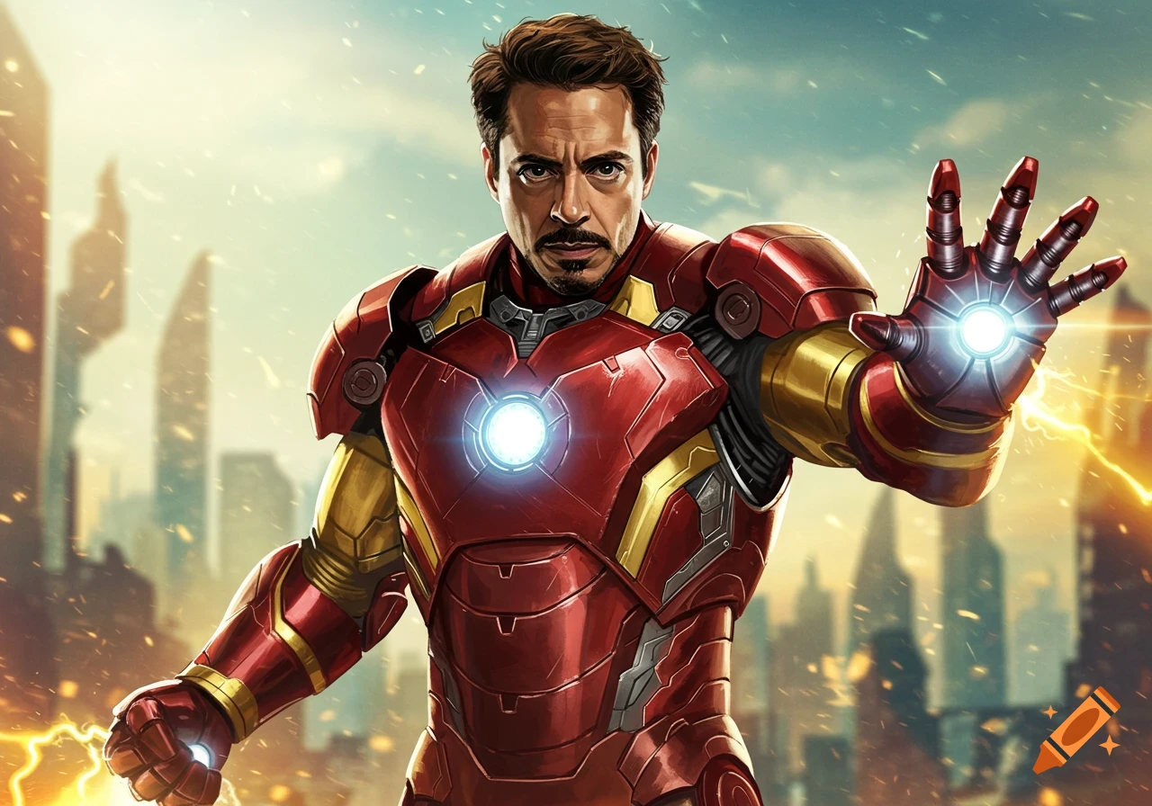Iron Man in his red and gold suit stands ready in a cityscape with ...