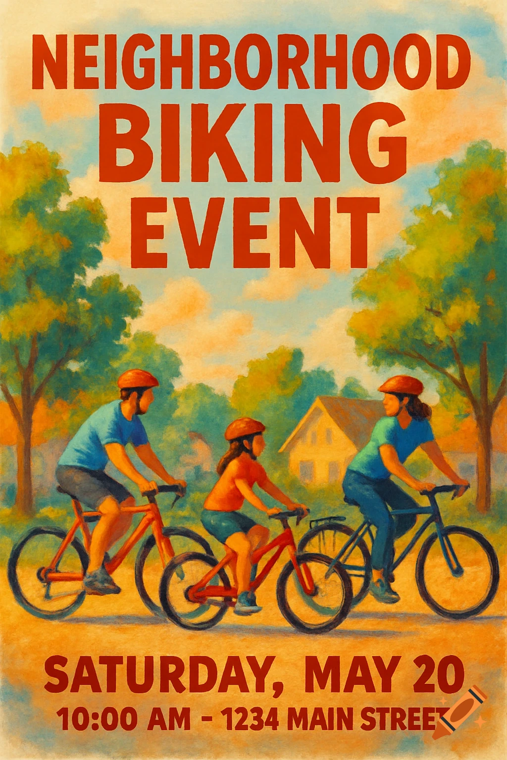 Illustrated flyer for a neighborhood biking event showing people on ...