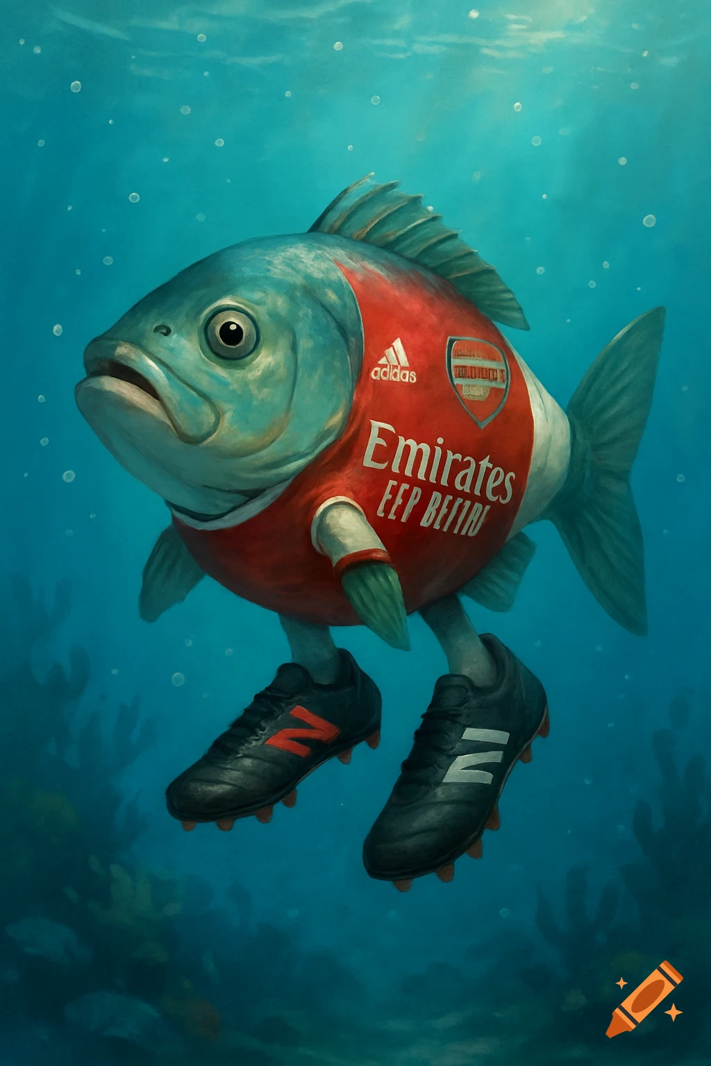 Illustrative painting of a fish in an Arsenal jersey and cleats ...