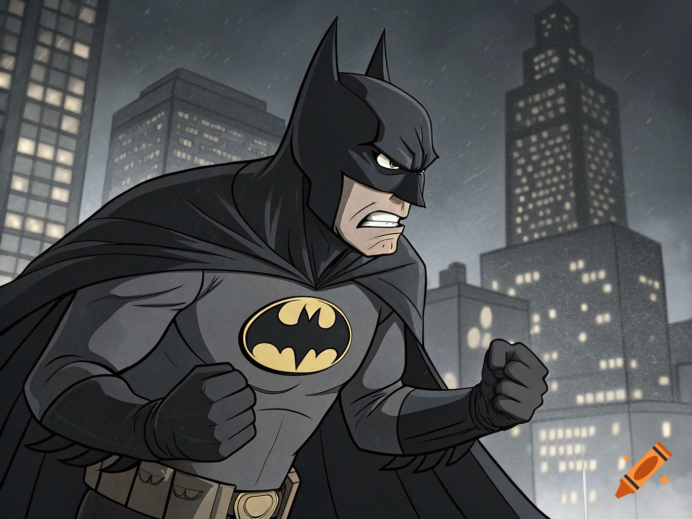 Cartoon drawing of an angry Batman standing in the rain in a city. on ...