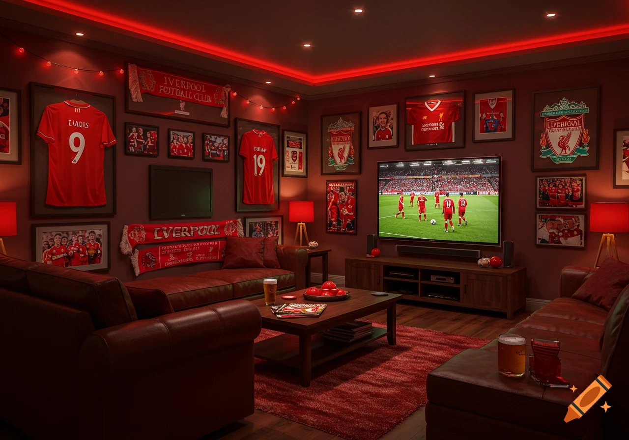 A living room decorated as a Liverpool FC man cave with jerseys ...