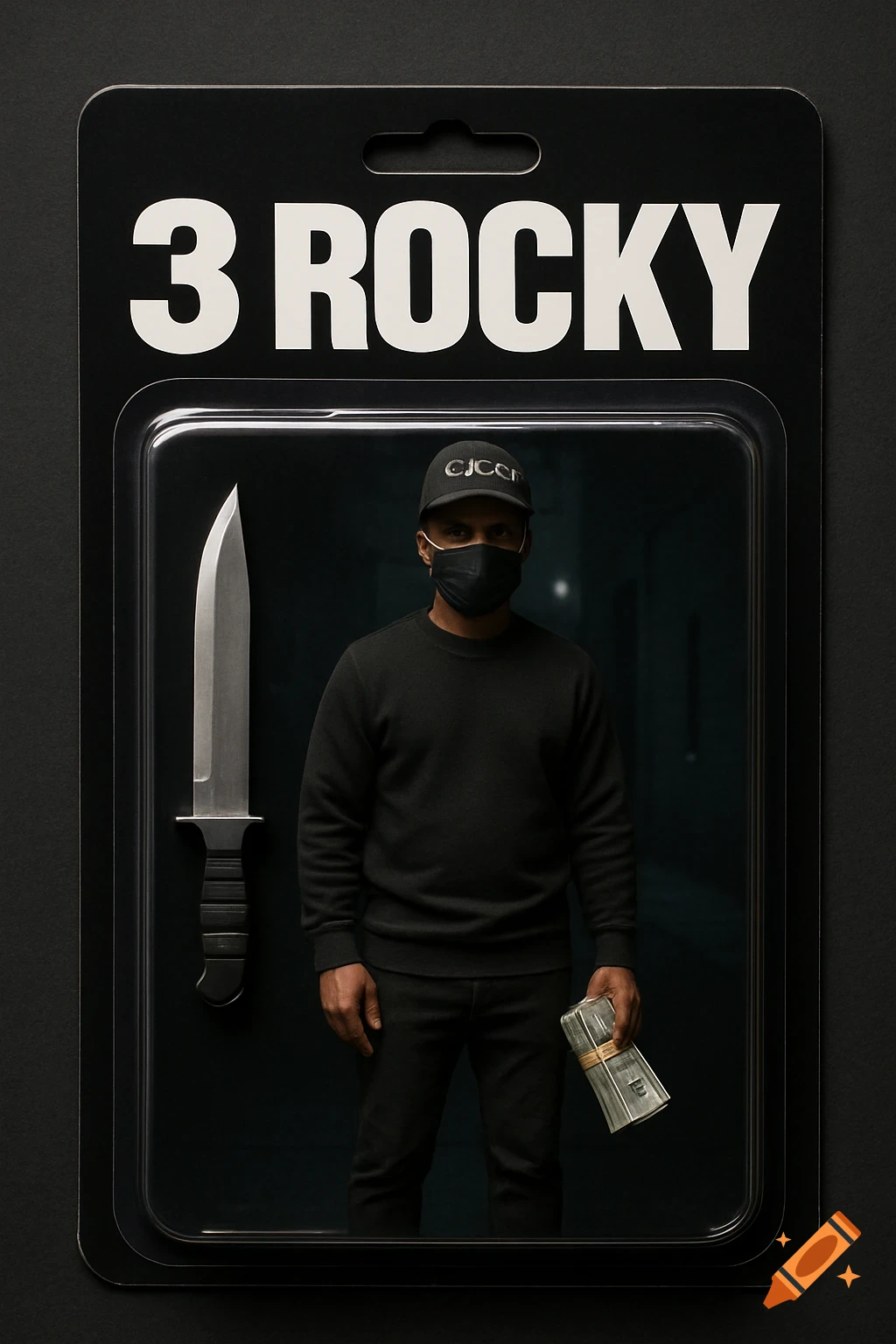 Action figure packaging mockup with a masked figure, knife, and cash ...