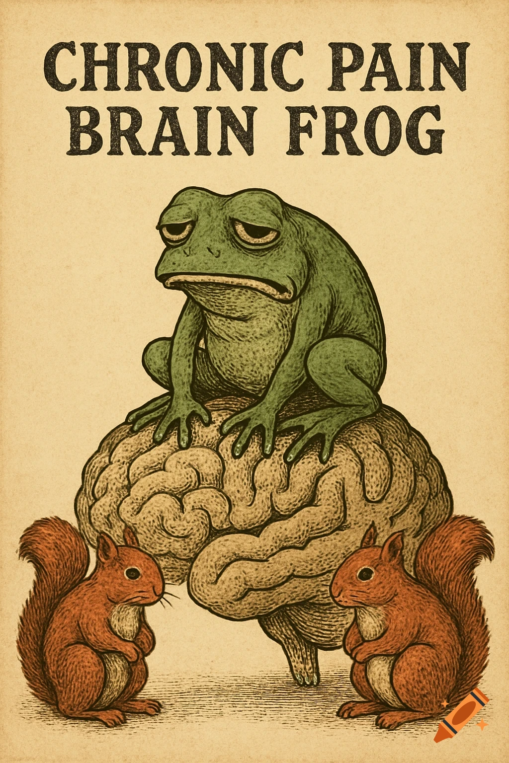 Vintage illustration titled 'Chronic Pain Brain Frog' showing a sad frog on a brain with ...
