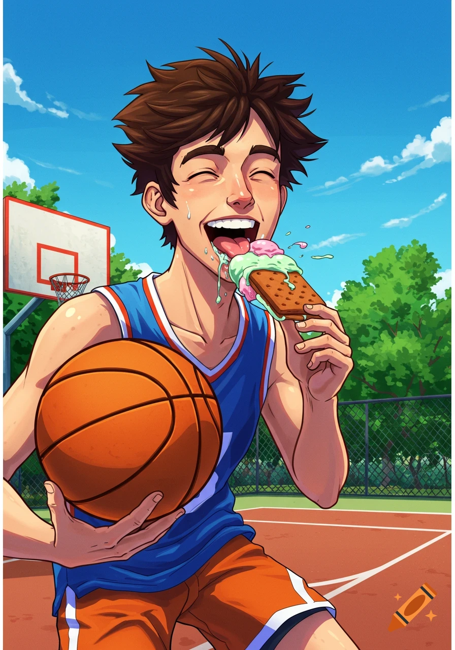 Anime style illustration of a young man in a basketball uniform eating ...