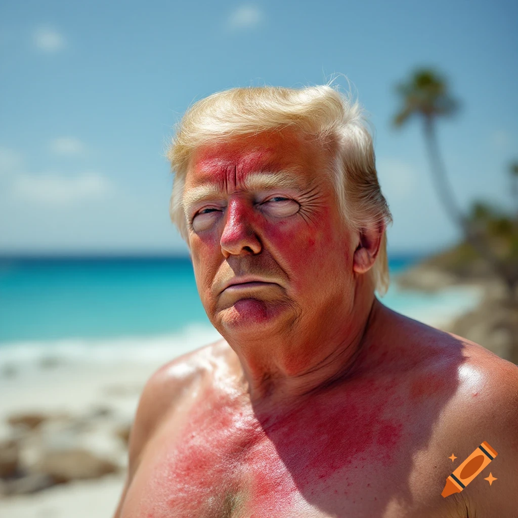 Close-up portrait of Donald Trump with severe sunburn on face and chest, on a beach. on Craiyon