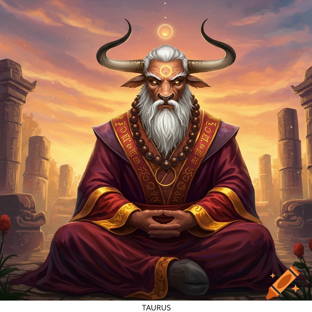 A seated bull-headed figure in a red robe meditates among ruins at ...