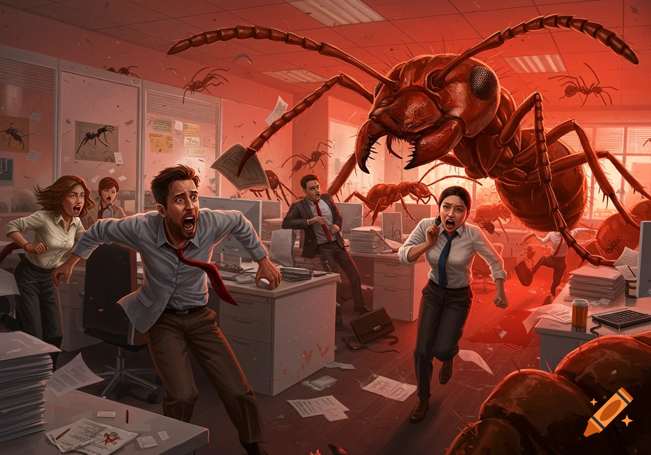 Giant ants attack people running through a chaotic office. on Craiyon