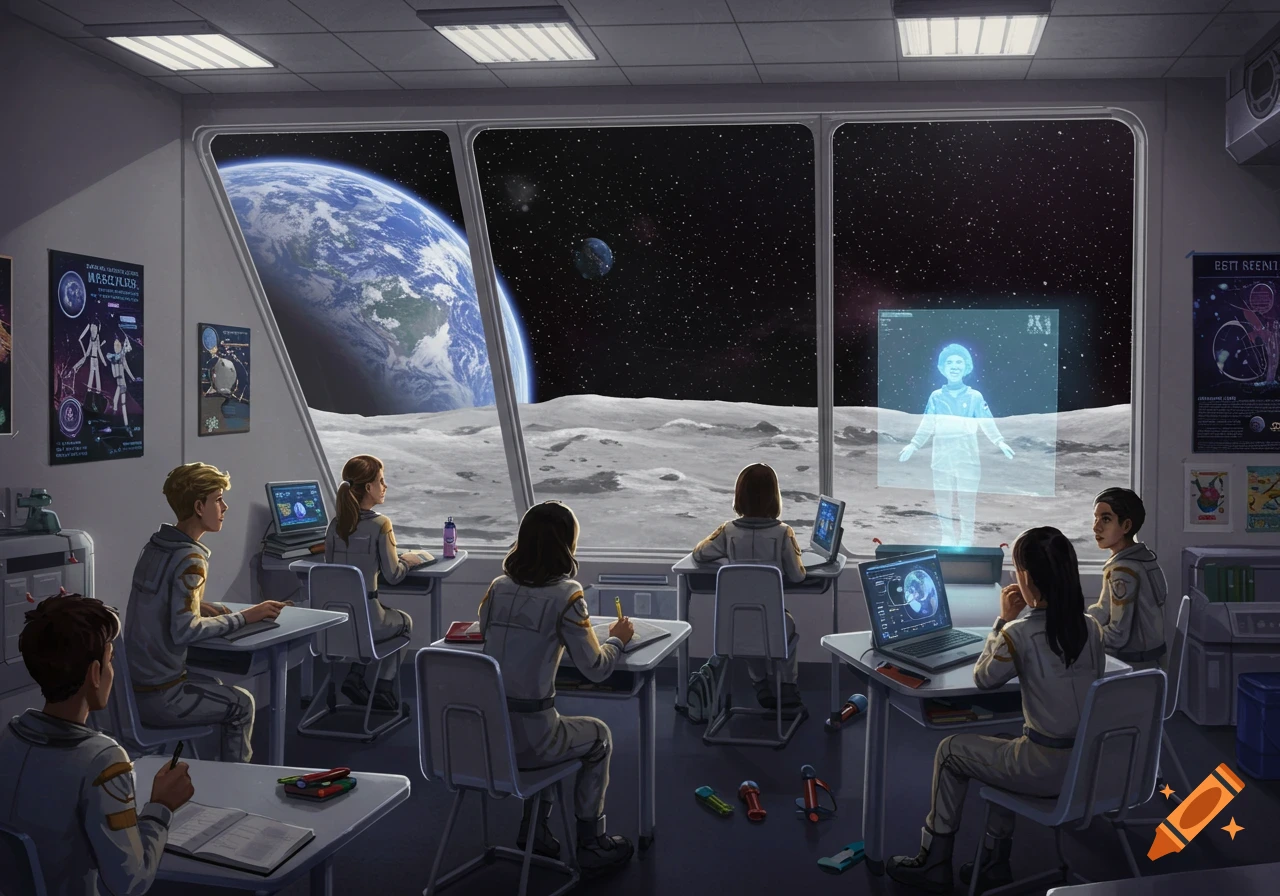 Students in a futuristic classroom on the moon looking at Earth through ...