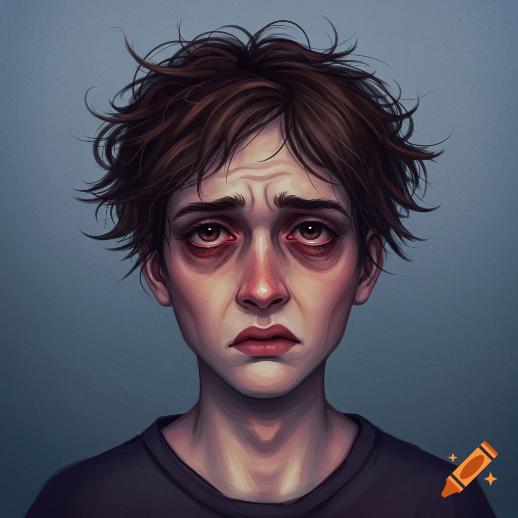 Portrait of a person with messy hair and dark circles under their eyes, looking tired. on Craiyon
