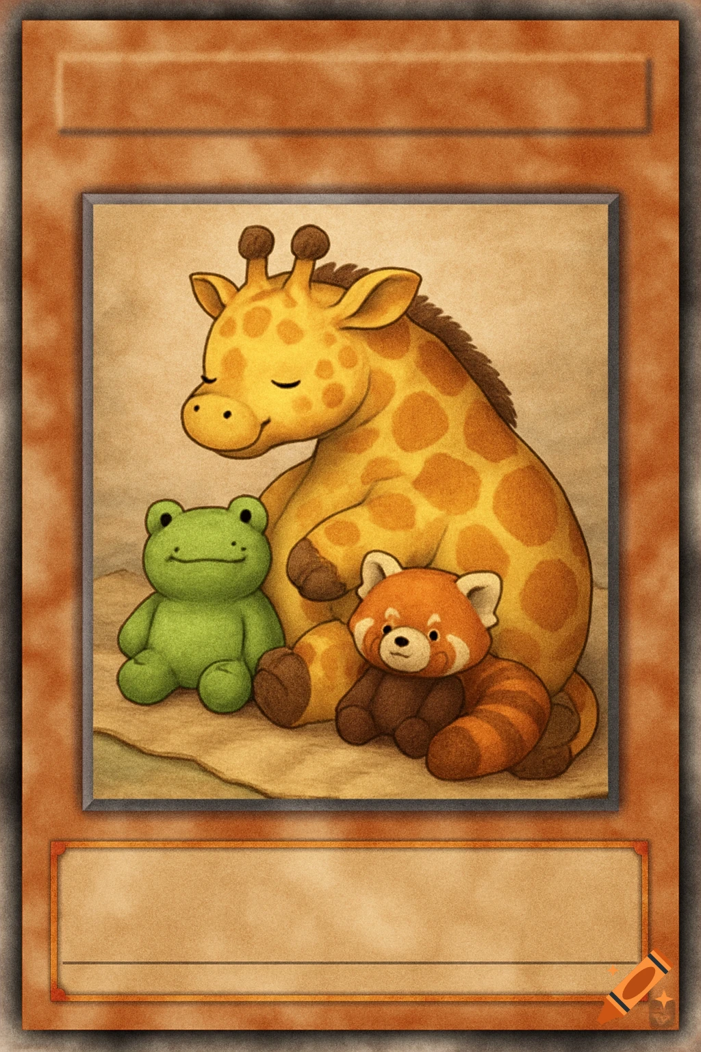 Stuffed giraffe, frog, and red panda on a Yu-Gi-Oh! card background on ...