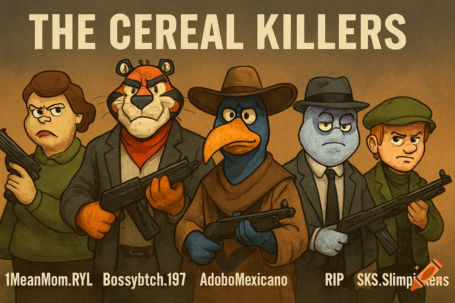Cartoon image of 'The Cereal Killers', a group including a tiger, bird ...