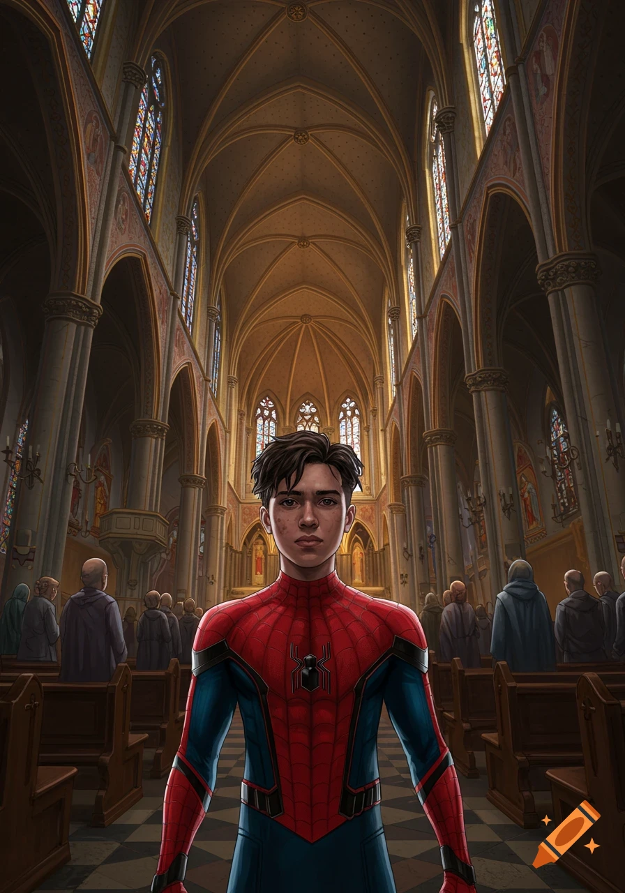 A young person in a Spider-Man costume stands in the aisle of a grand ...
