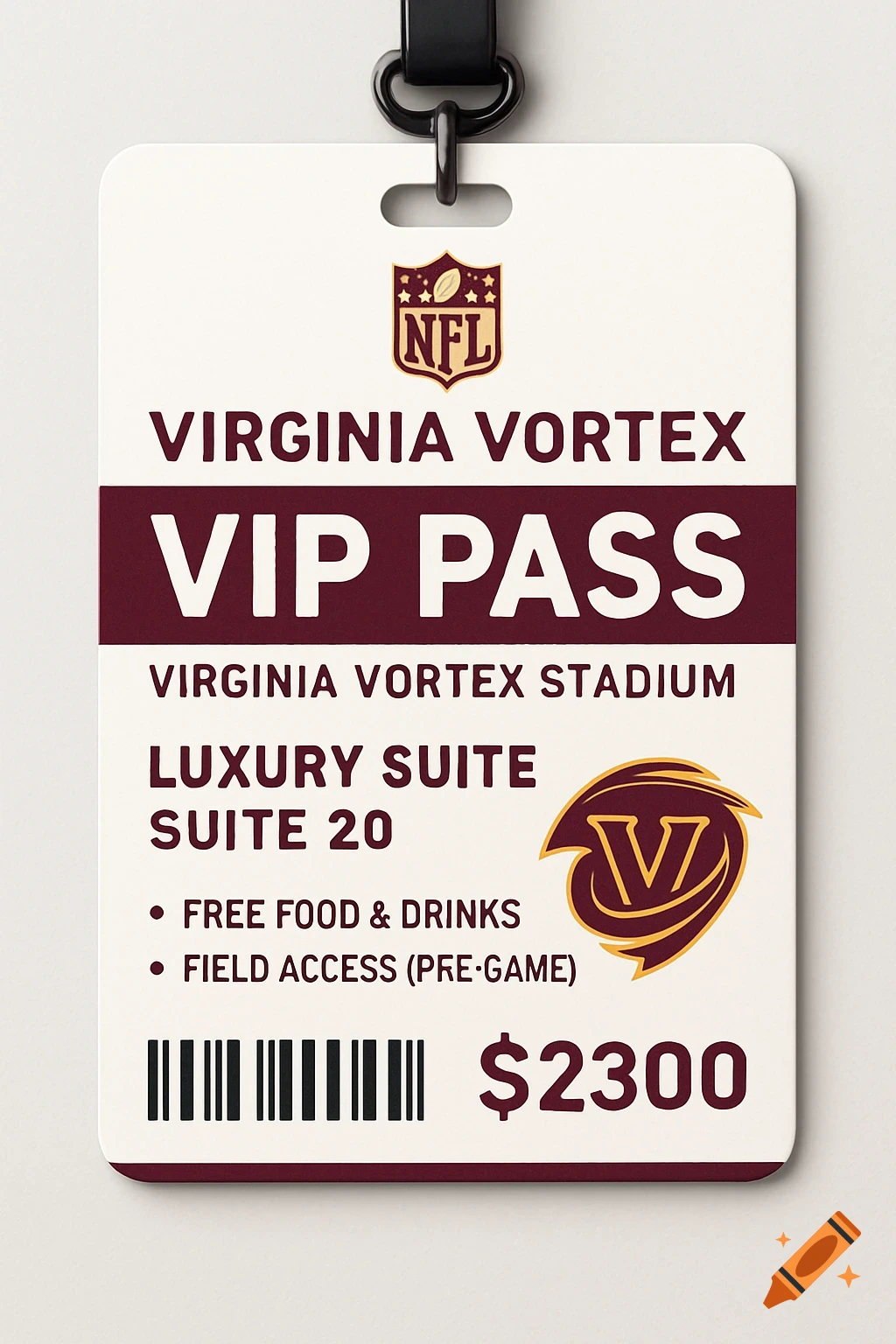 A Virginia Vortex NFL VIP pass with details like luxury suite, $2300 ...