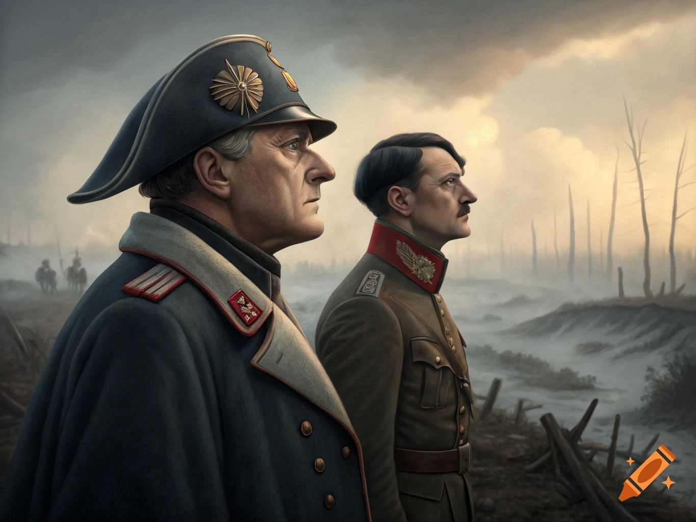 Two figures resembling Napoleon Bonaparte and Adolf Hitler stand on a ...