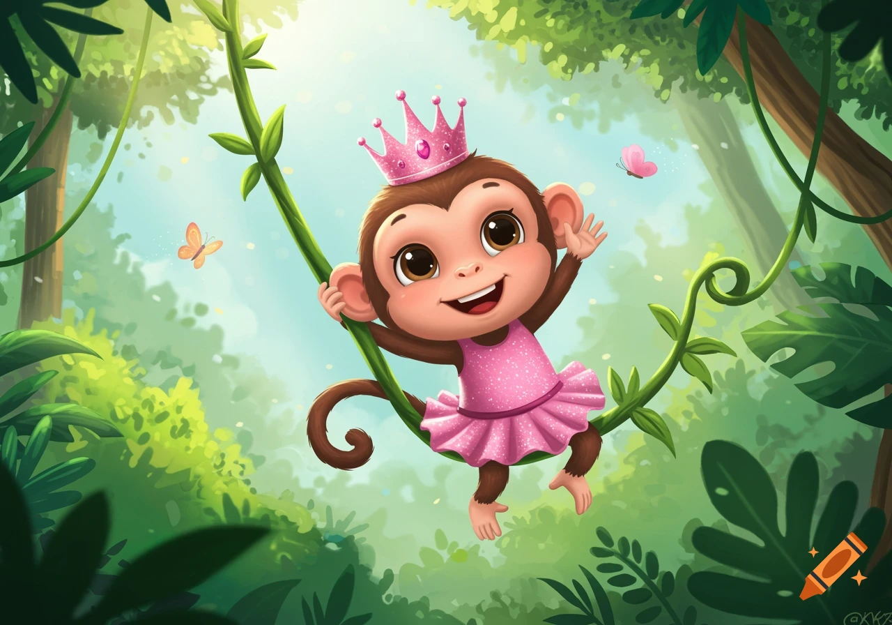 A cheerful cartoon monkey princess swings on a vine in a sunny jungle ...