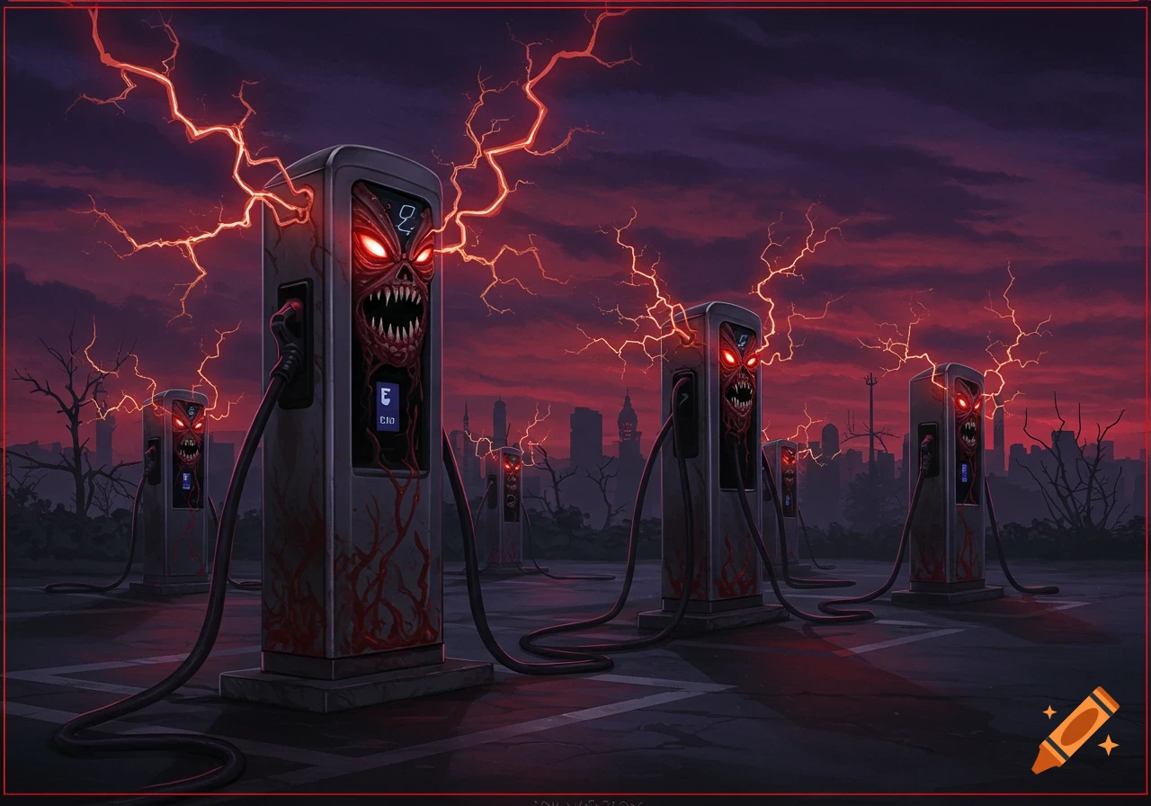 Evil EV chargers with glowing red eyes under a stormy sky with ...