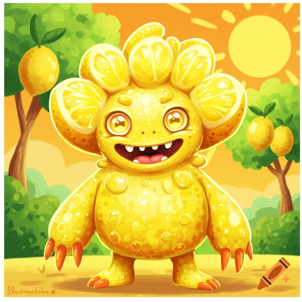 A cheerful cartoon lemon monster stands in a bright outdoor scene with ...
