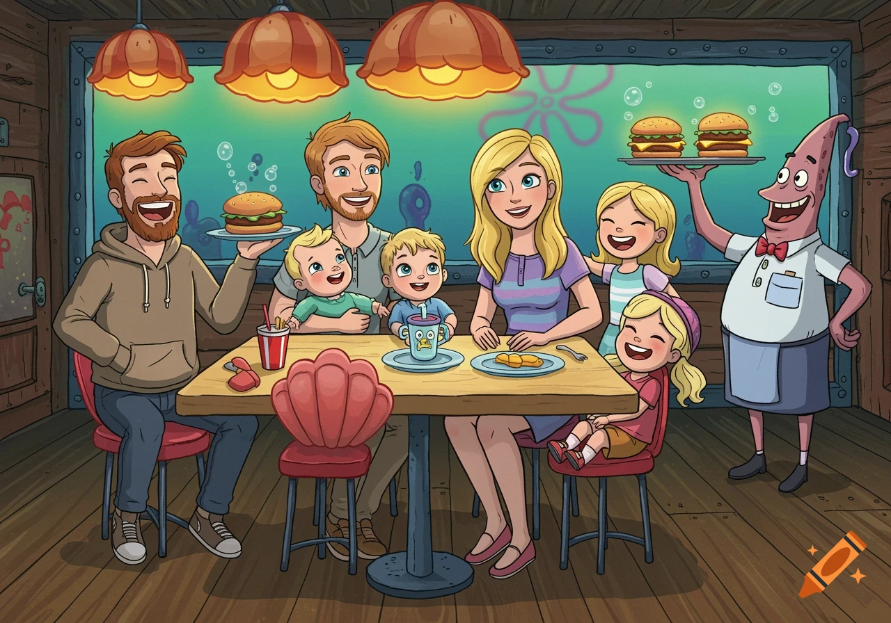 Cartoon family eating at table in underwater restaurant served by ...