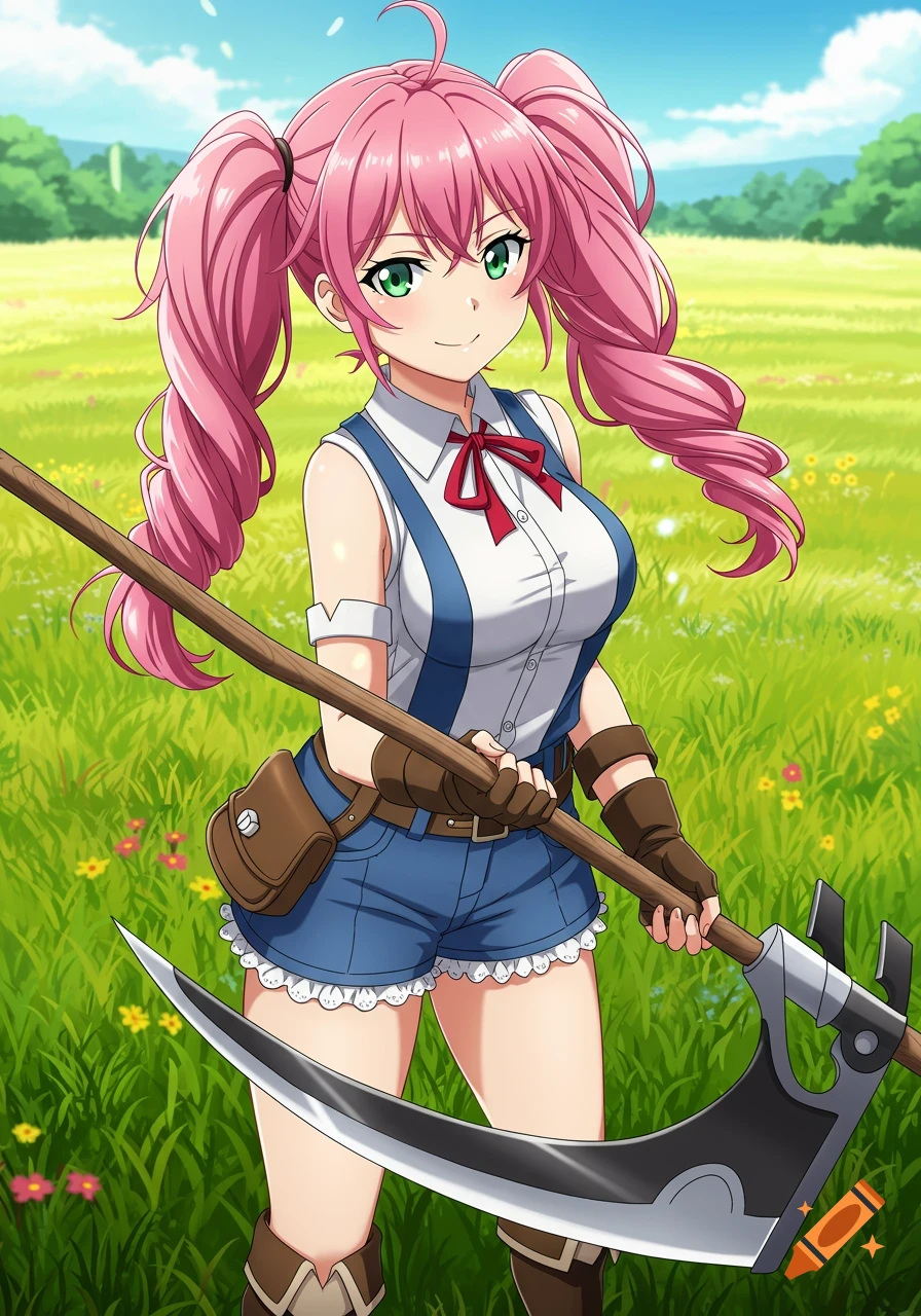 An anime woman farmer with pink hair and a scythe stands in a field. on ...