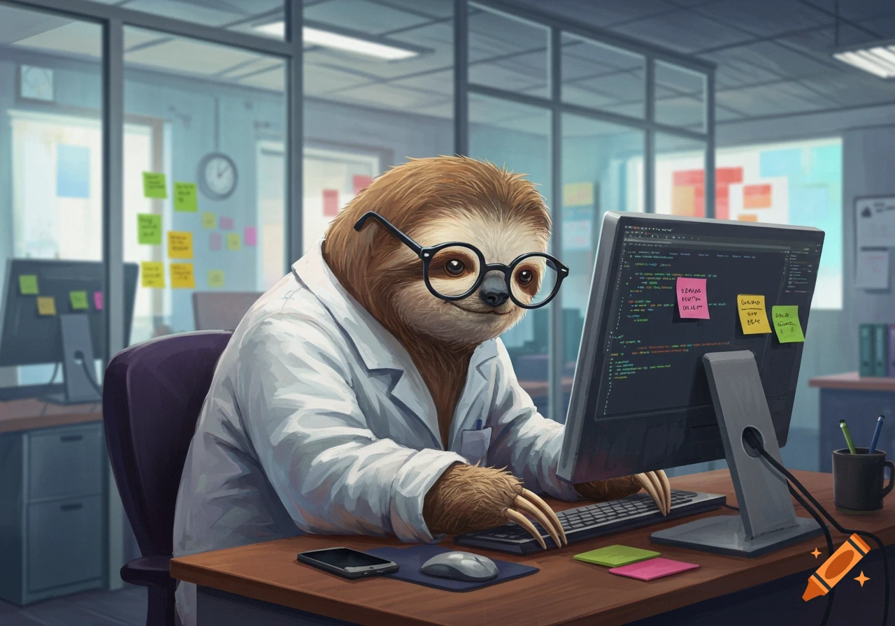 A cartoon sloth wearing glasses and a lab coat works at a computer in an office. on Craiyon