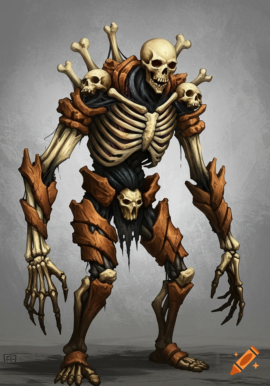 A bone golem creature stands, made of a skeleton reinforced with brown, segmented armor plating ...