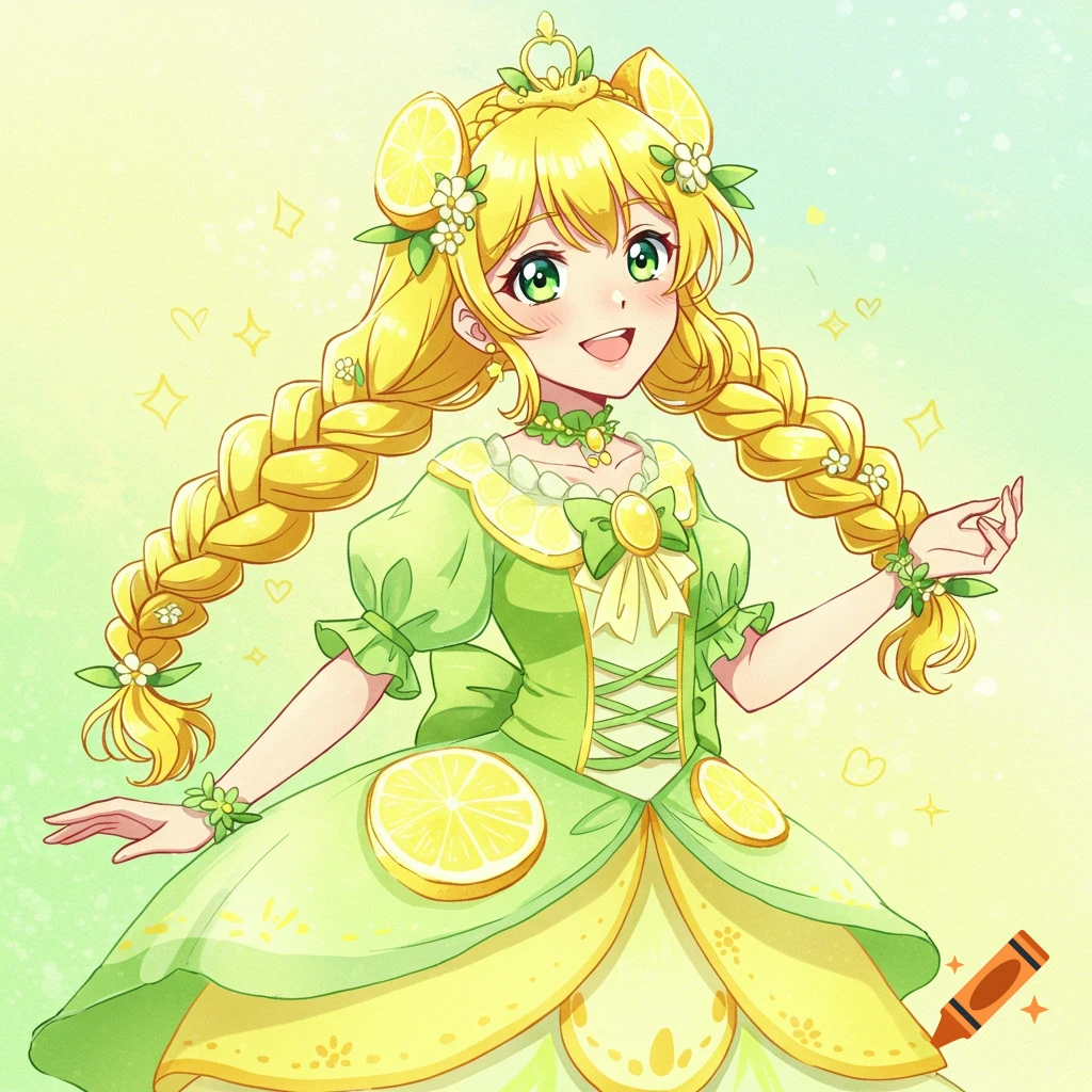 Anime girl dressed as a lemon and lime princess with braided pigtails ...