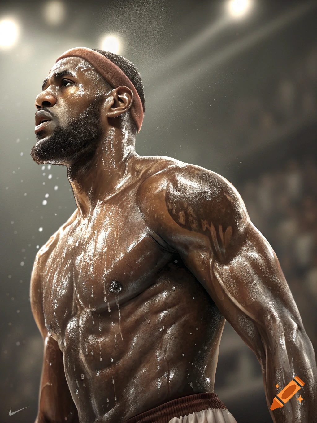 Photorealistic close-up of sweaty LeBron James wearing a headband in a ...