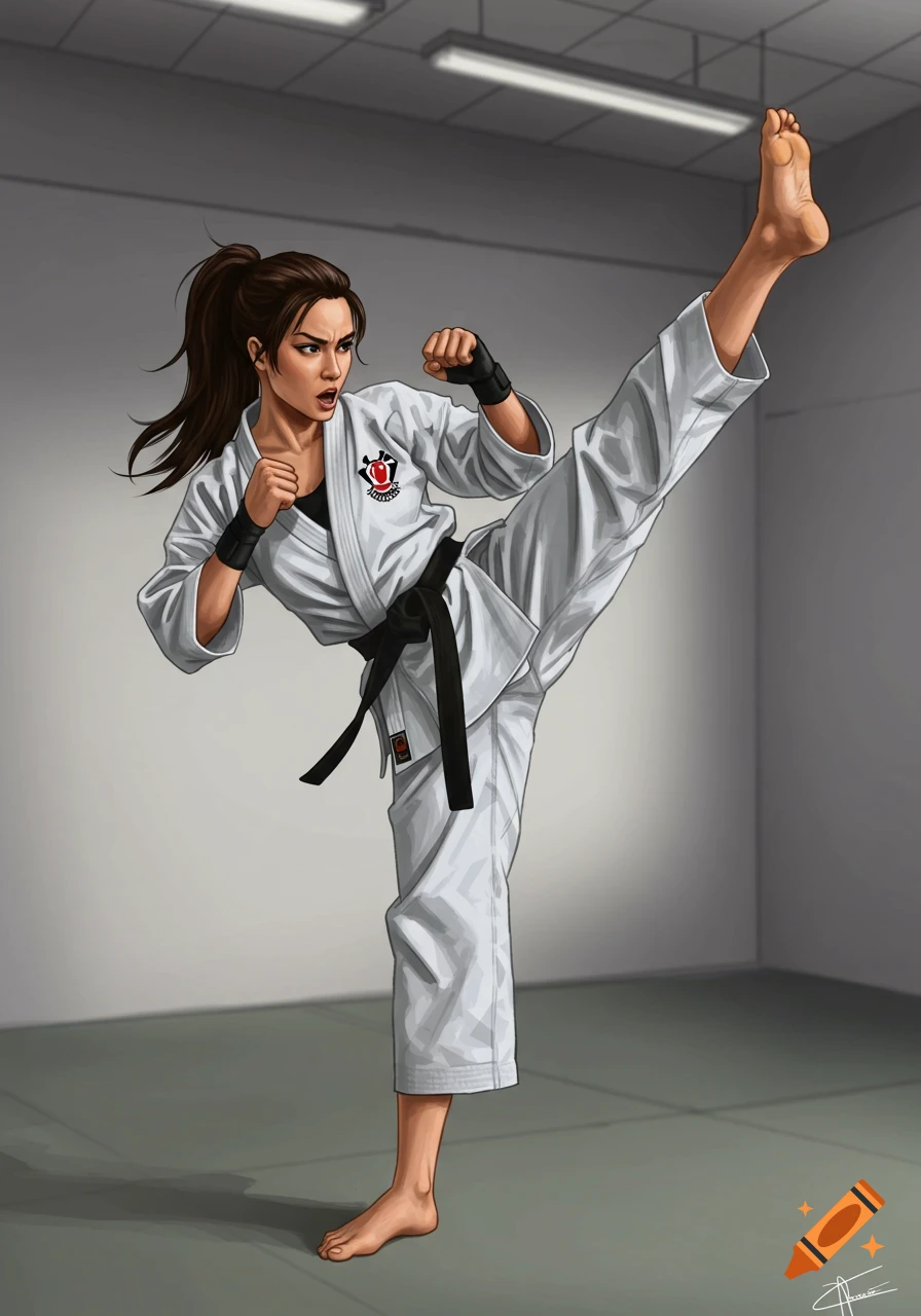 Illustrated woman in white karate uniform performing a high side kick ...