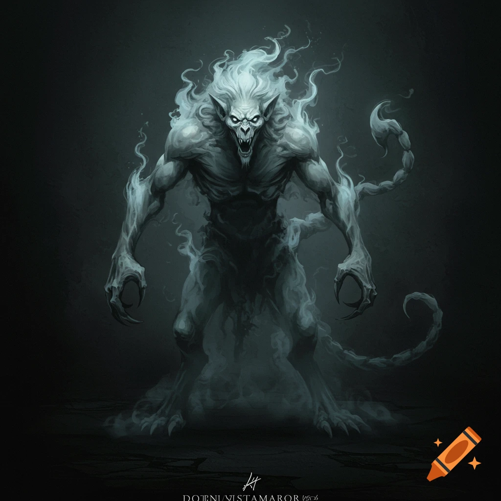 A ghostly mist creature resembling a manticore stands in darkness. on ...