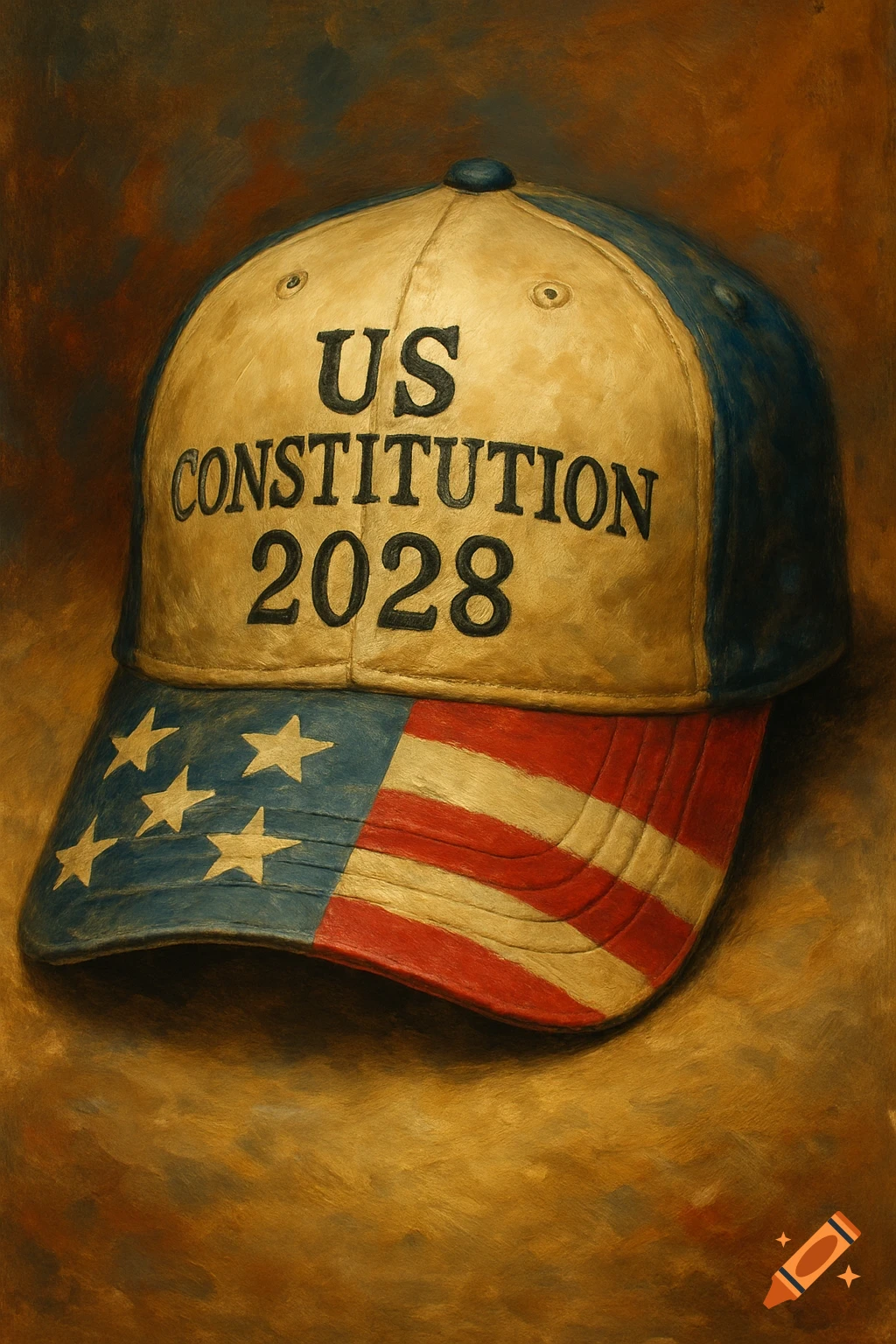 Painting of a baseball cap with 'US CONSTITUTION 2028' and an American ...