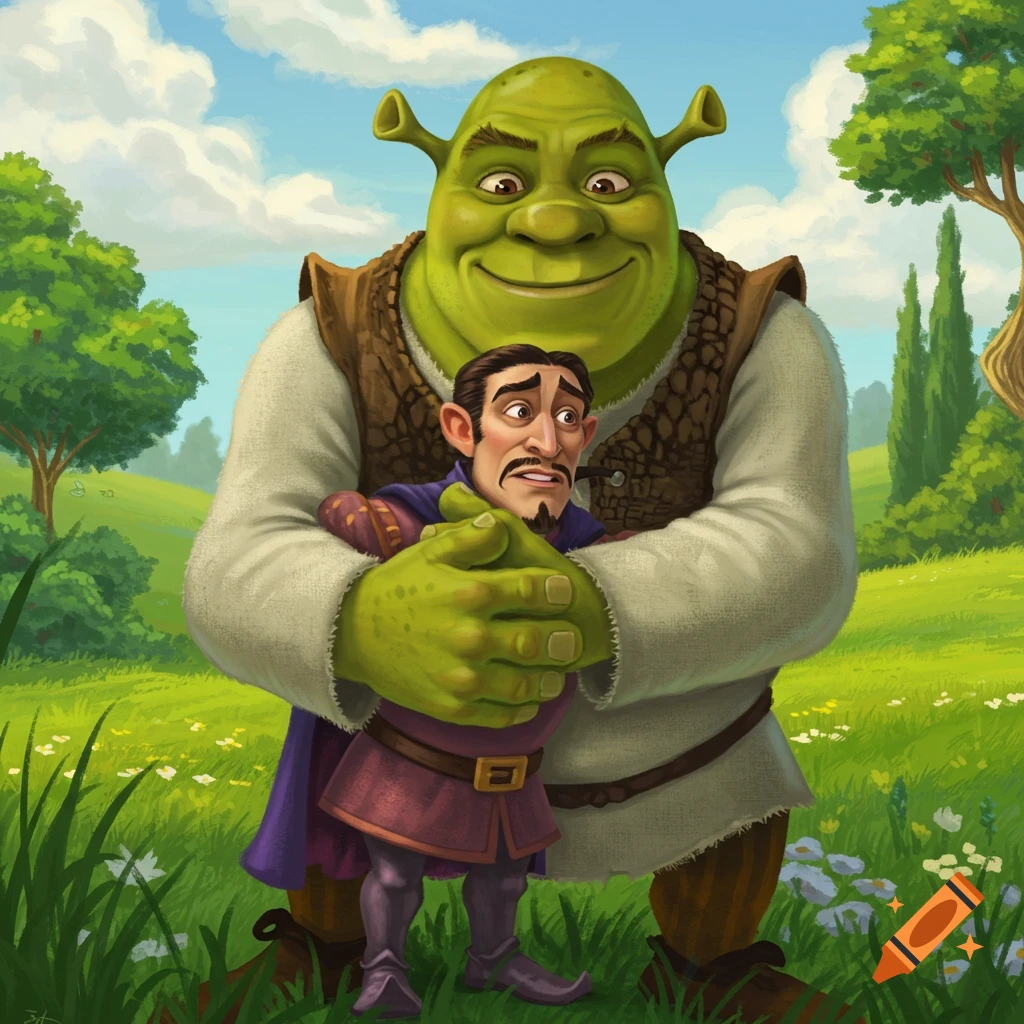 Shrek hugs Lord Farquaad in a field. on Craiyon