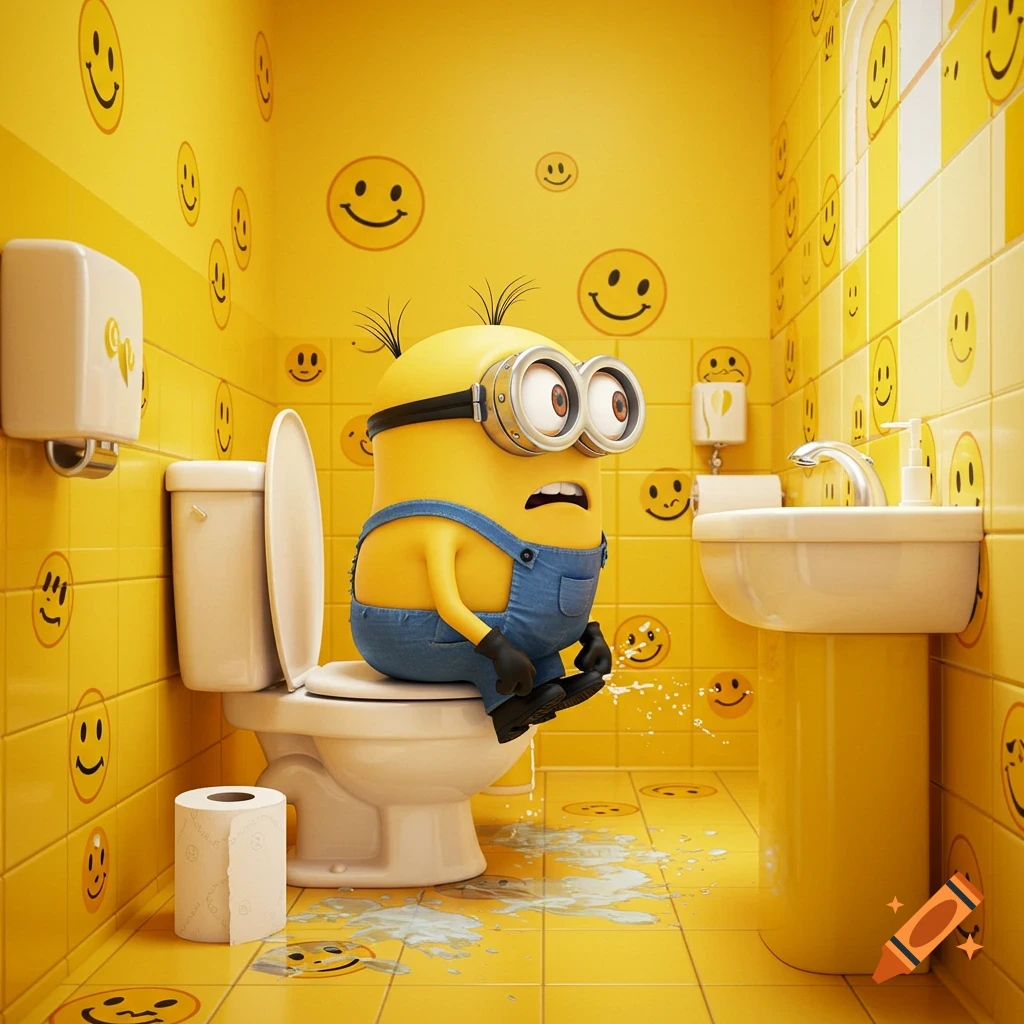 A Minion character sits on a toilet in a yellow bathroom covered in ...
