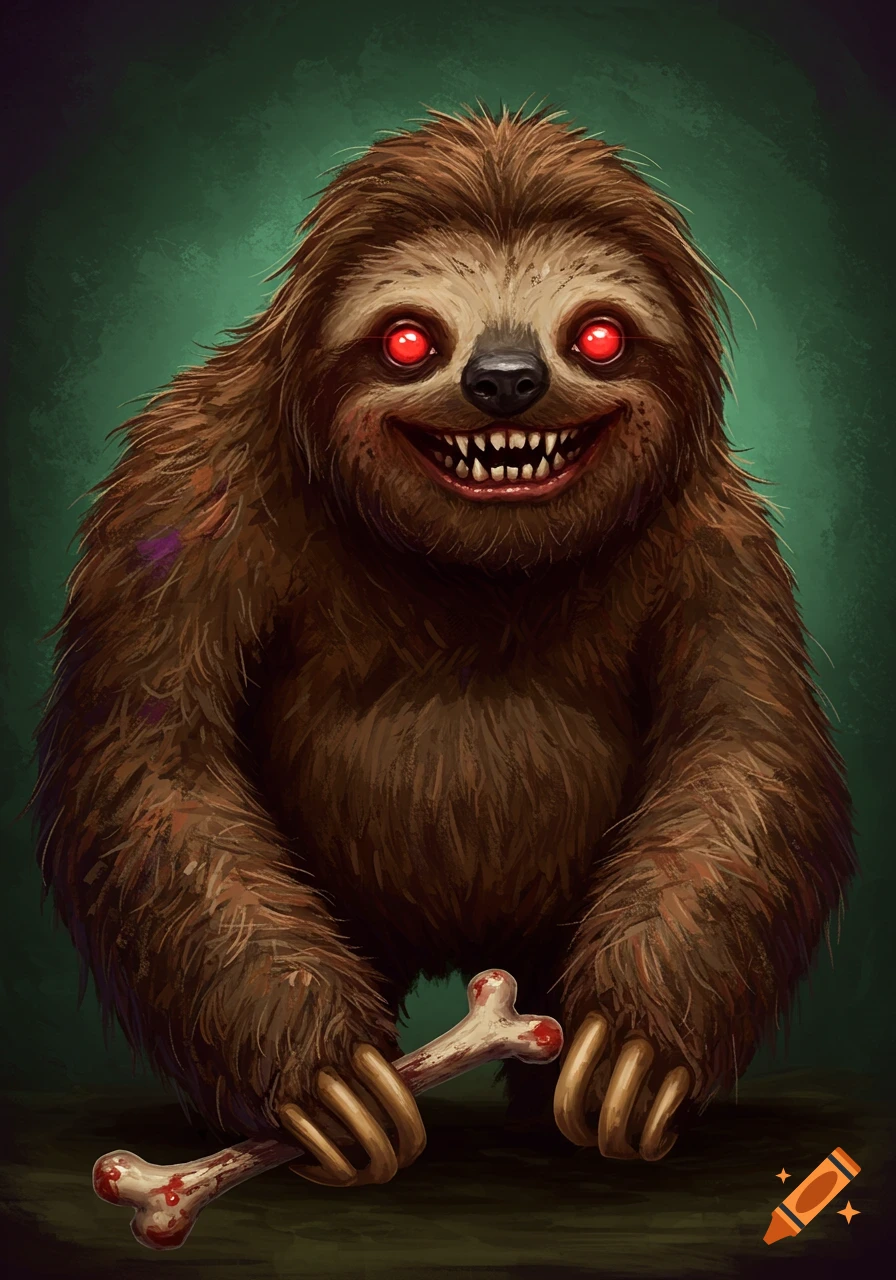 A monster sloth with glowing red eyes holds bloody bones, digital ...