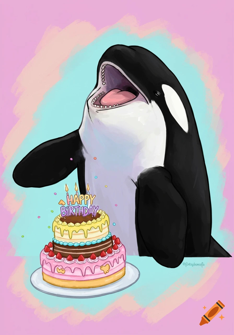 Cartoon illustration of an orca smiling behind a birthday cake. on Craiyon
