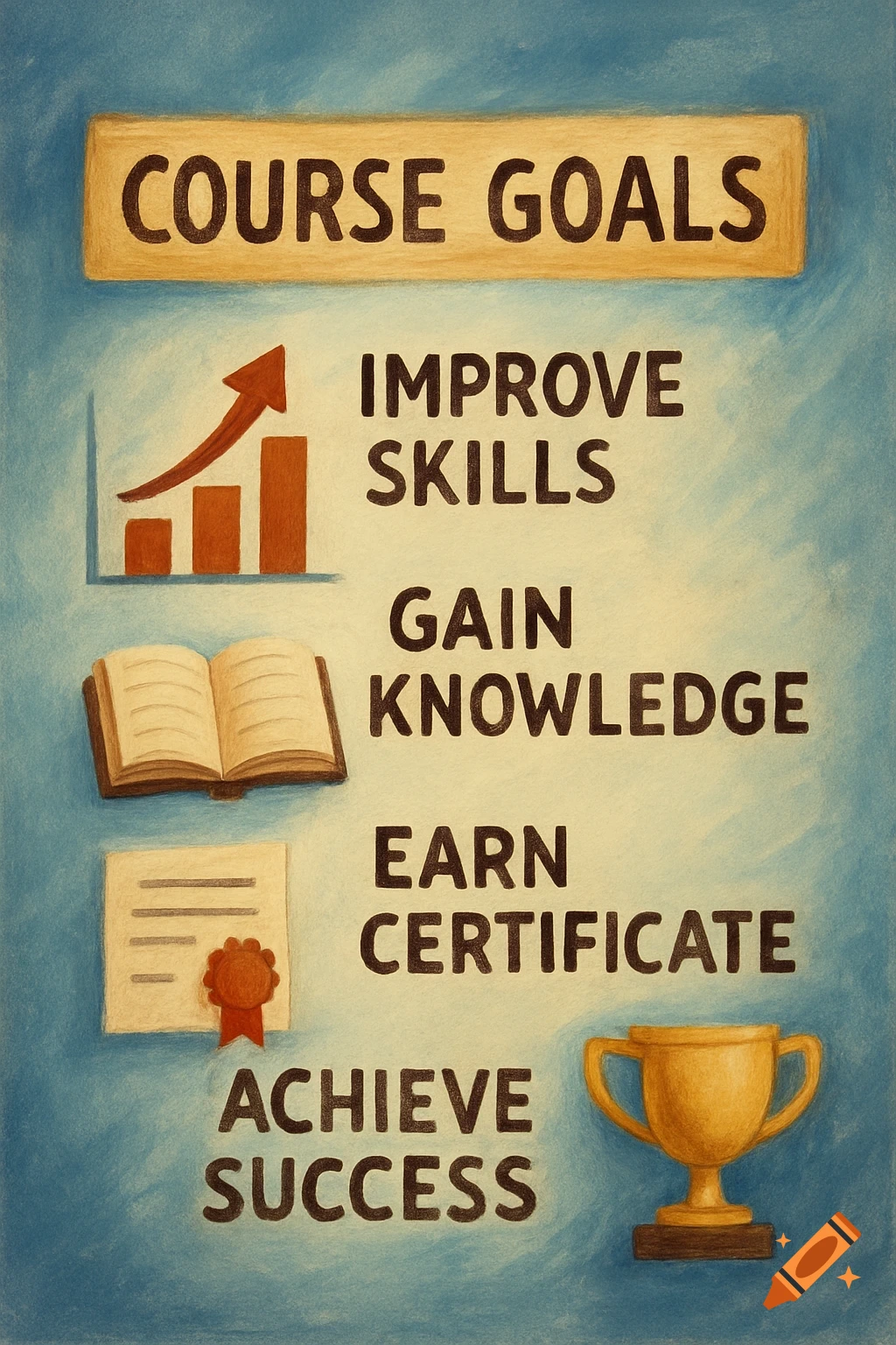 Illustration of a poster listing course goals: improve skills, gain ...