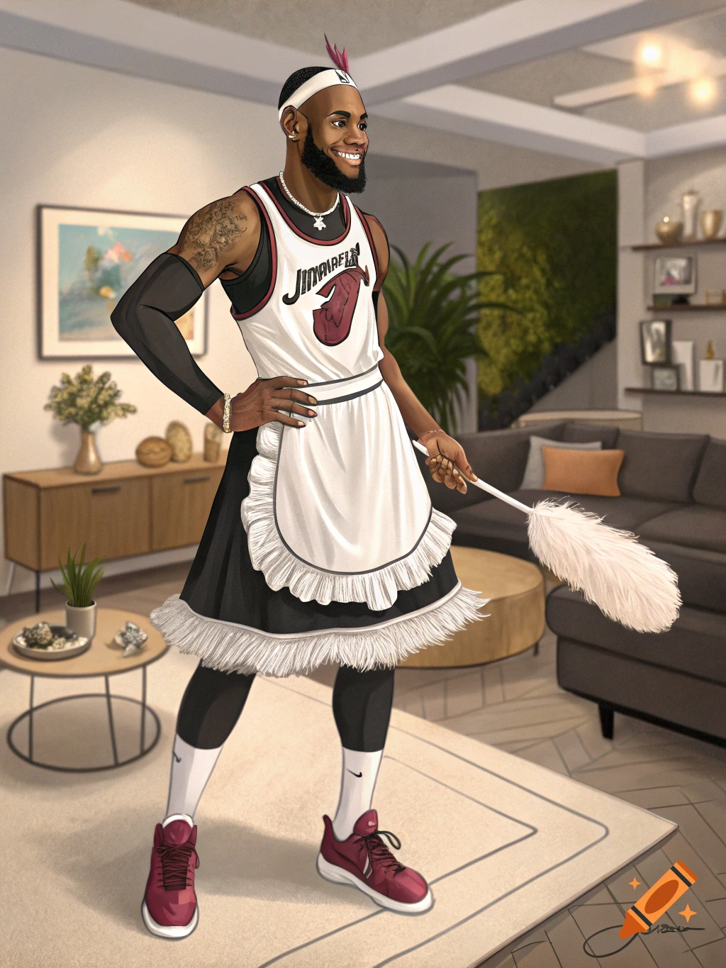 LeBron James in a maid costume holding a feather duster in a living ...