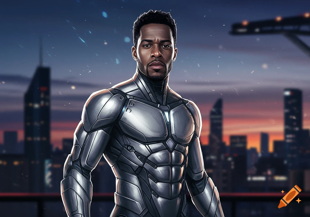 A man in a silver superhero suit stands against a city skyline at dusk ...