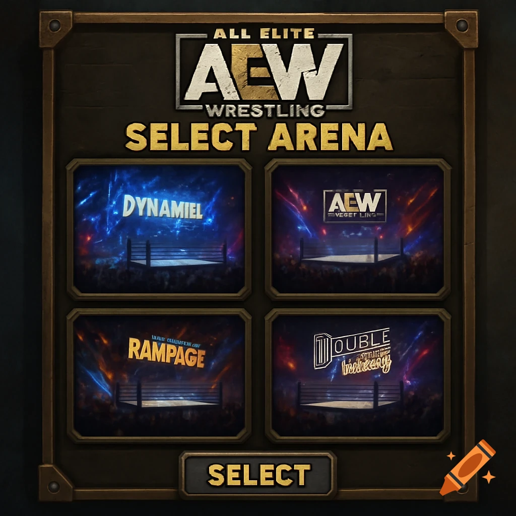 A video game UI screen for selecting an AEW wrestling arena. on Craiyon
